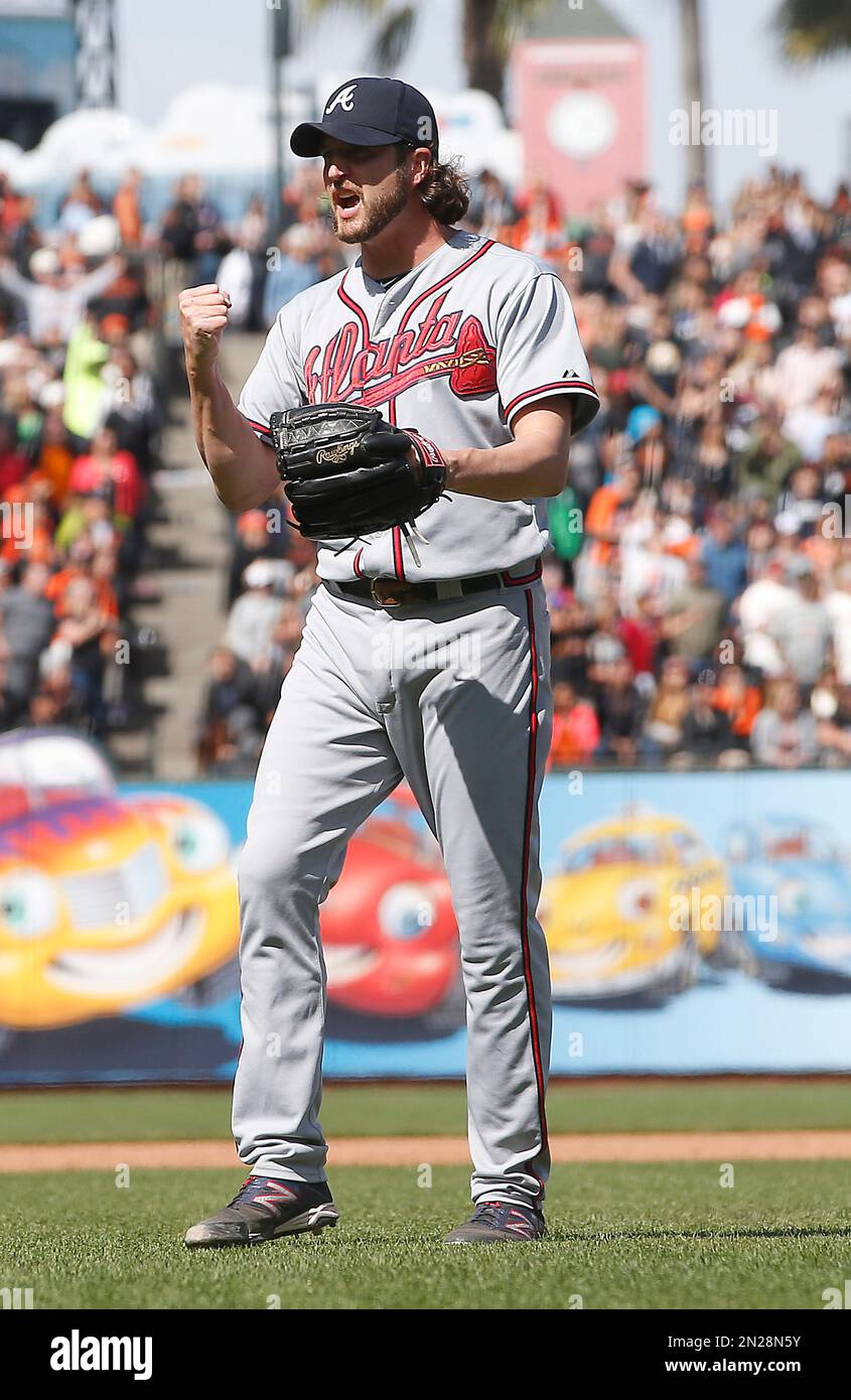 Atlanta Braves relief pitcher Jason Grilli celebrates a 7-5 victory ...
