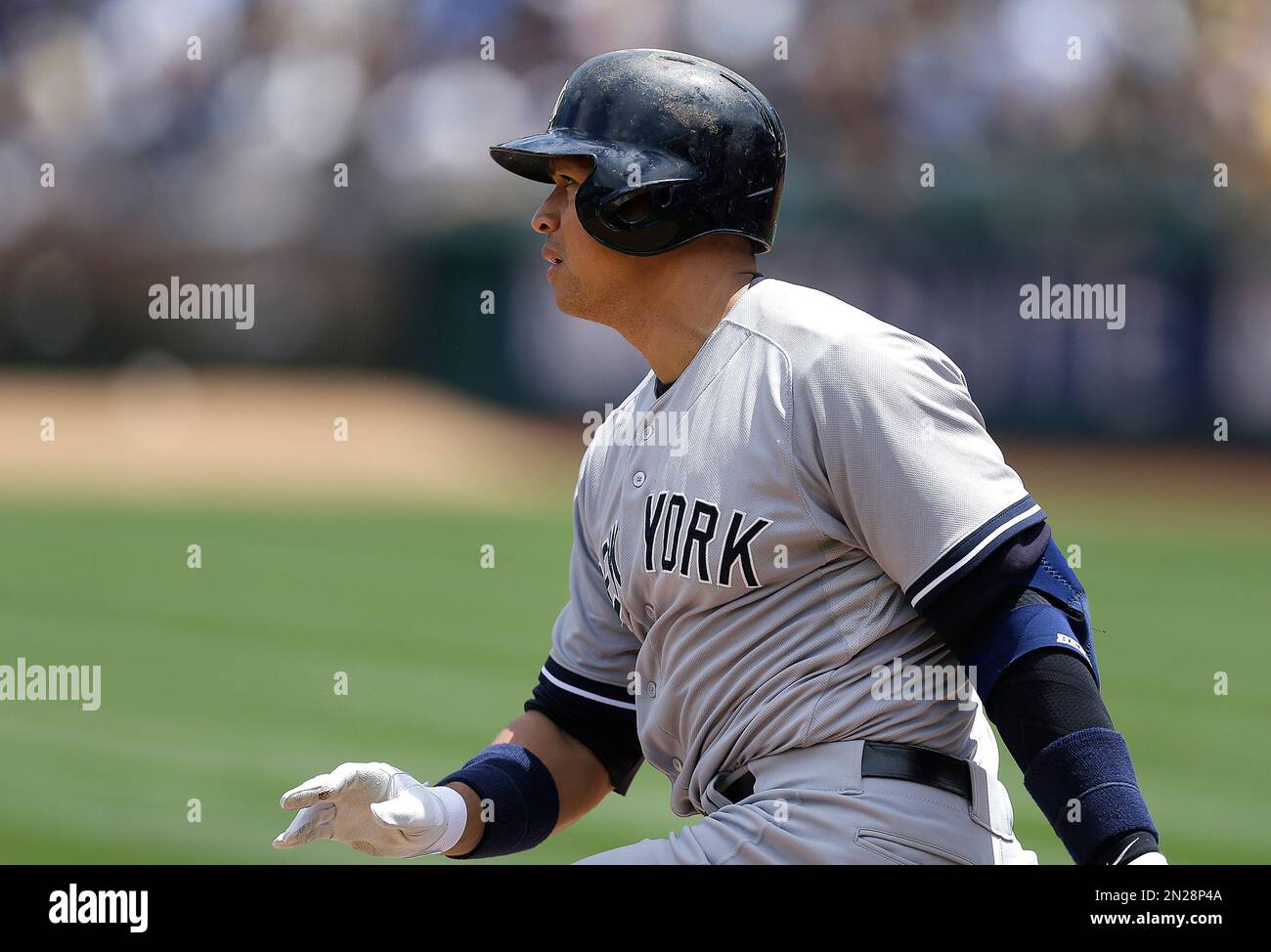 New York Yankees' Alex Rodriguez swings for a single off Oakland ...