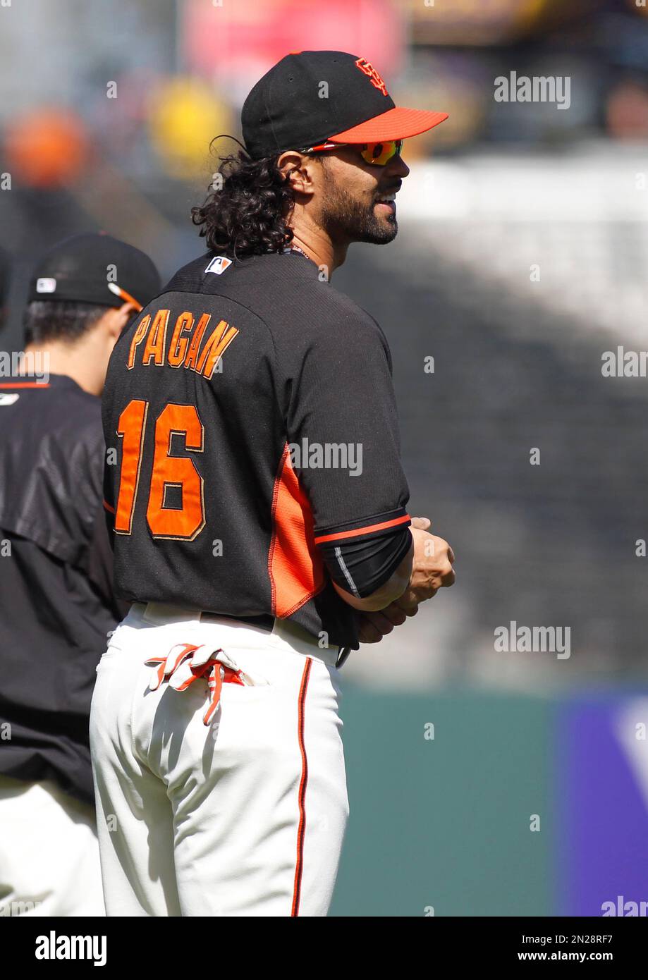 San Francisco Giants' Angel Pagan smiles during batting practice before ...