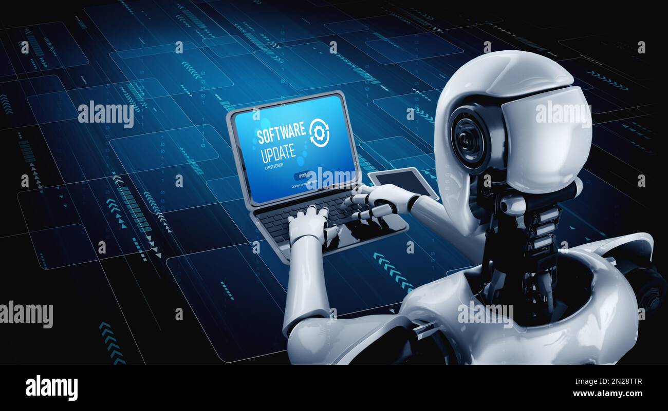 Robot using modish software application on the computer showing AI ...