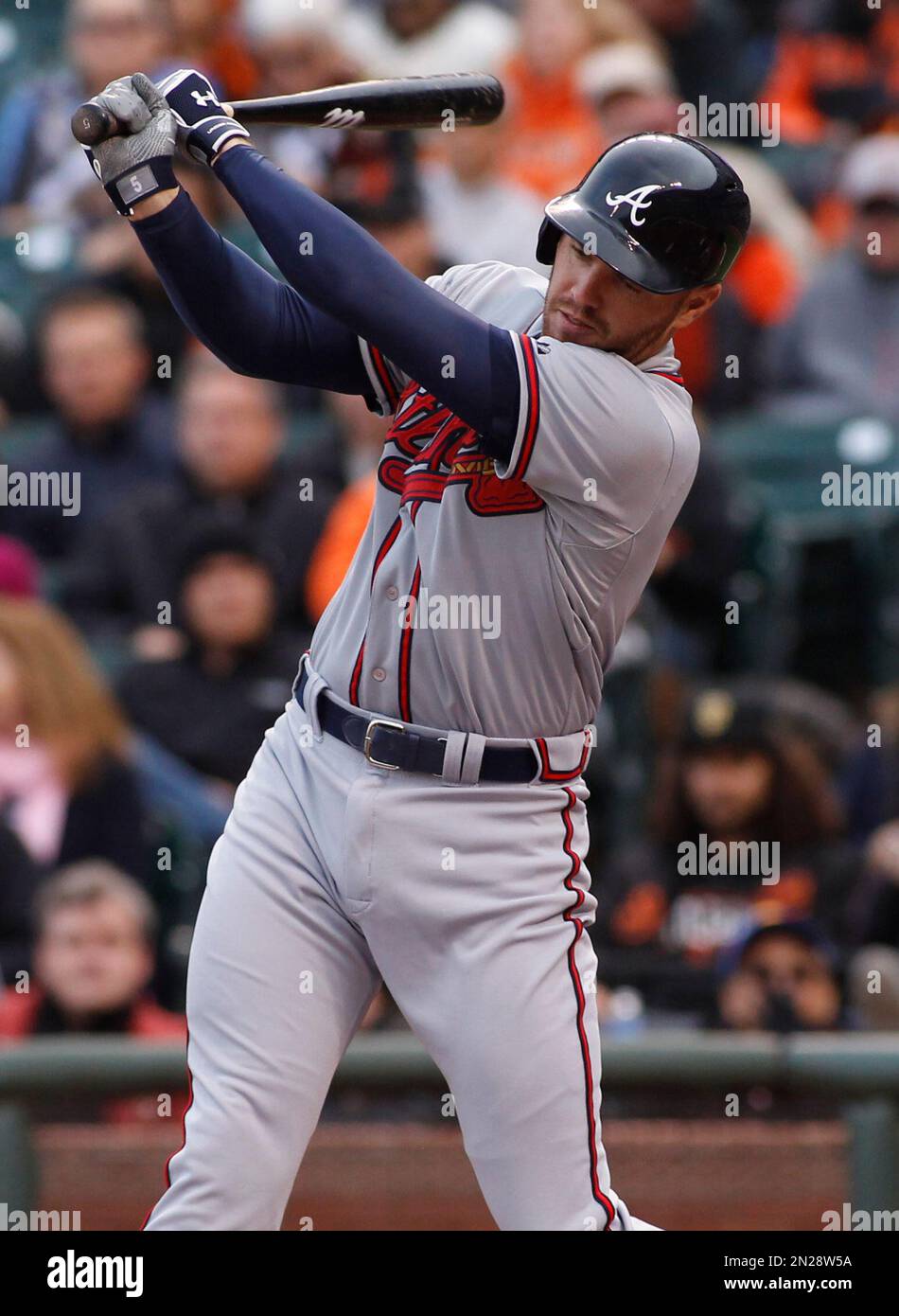 Atlanta Braves' Freddie Freeman strikes out against the San Francisco ...