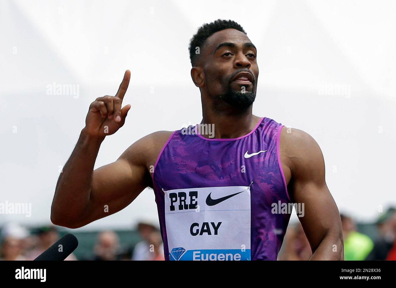 Sprinter Tyson Gay celebrates after winning the 100-meter race during ...