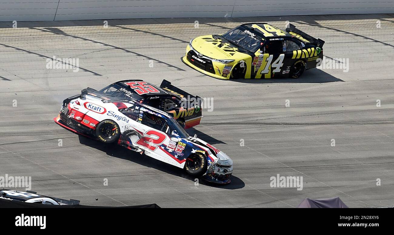 Jamie Dick (55) collides with Brian Scott (2) during the NASCAR Xfinity ...