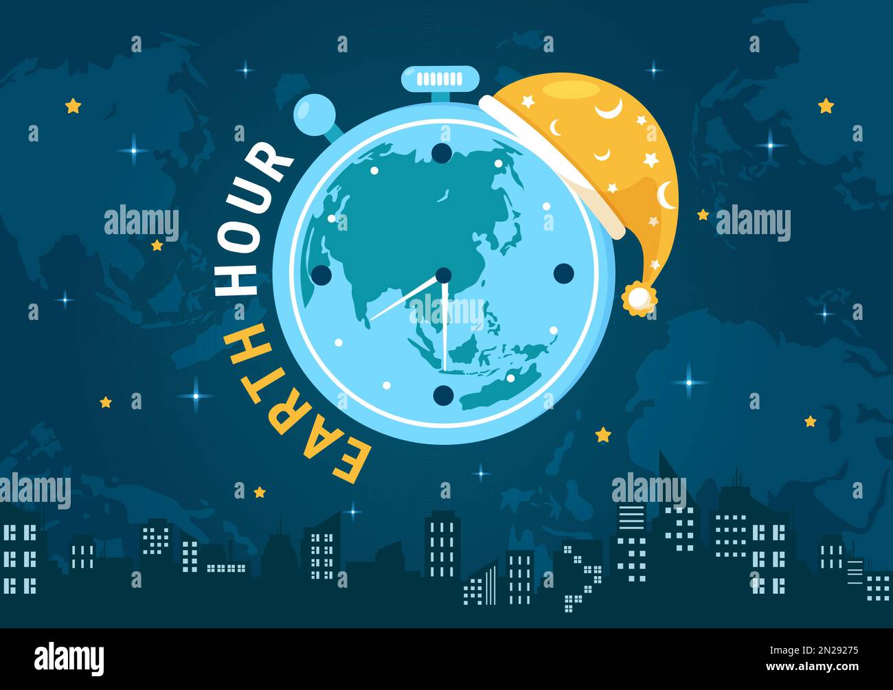 Happy Earth Hour Day Illustration with Lightbulb, World Map and Time to ...