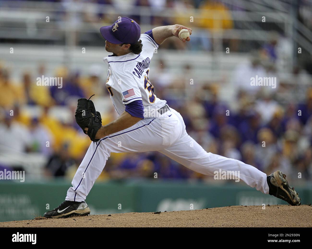 LSU pitcher Alden Cartwright (32) pitches in the first inning of a game ...