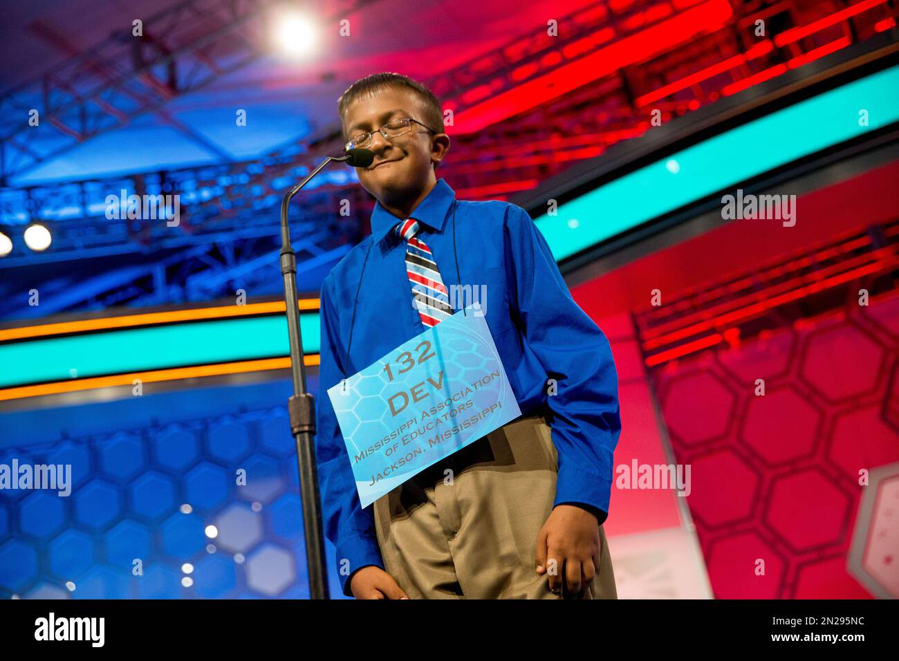Dev Jaiswal, 13, of Jackson, Miss. reacts after incorrectly spelling ...