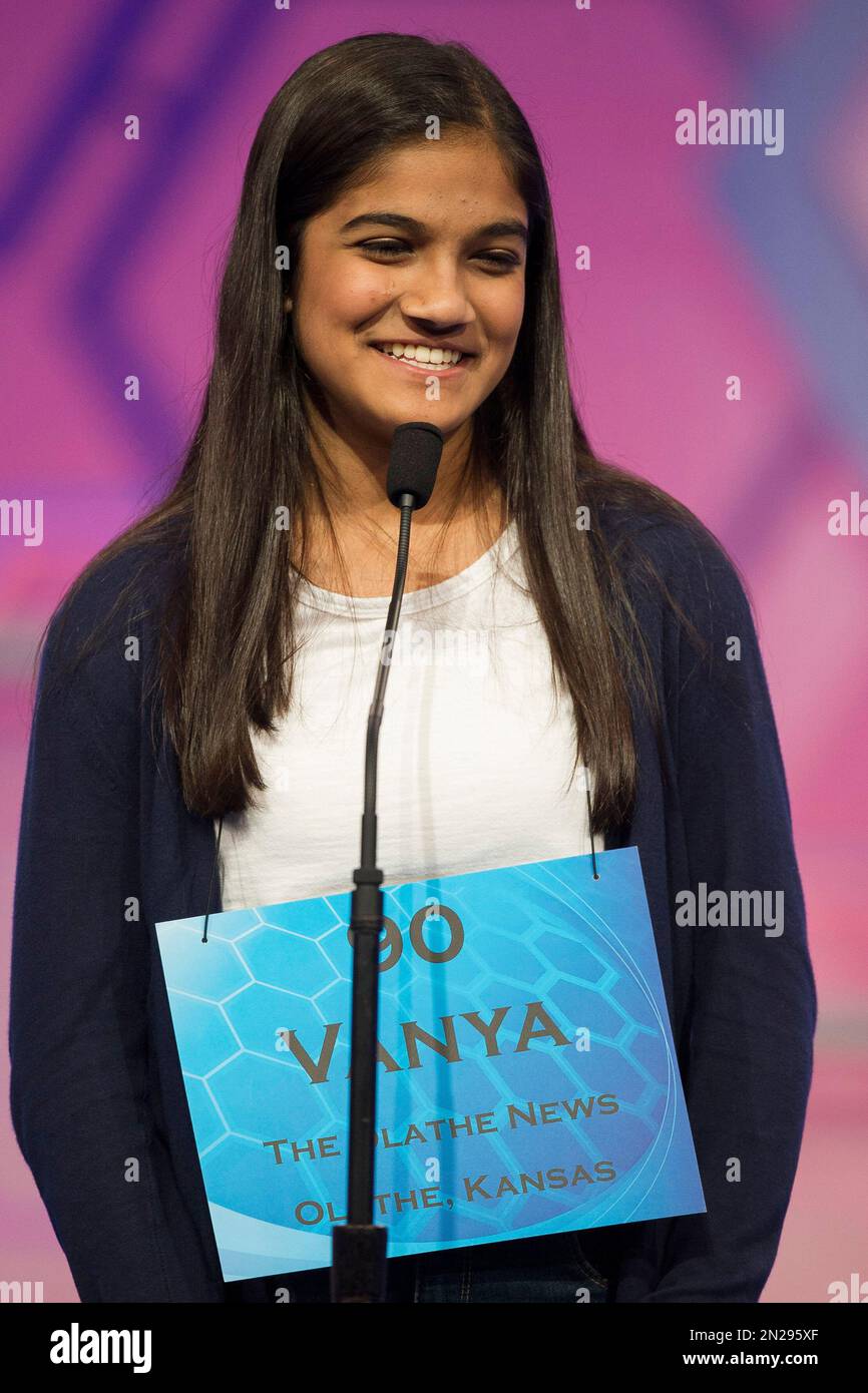 Vanya Shivashankar, 13, of Olathe, Kan., correctly spells the word ...