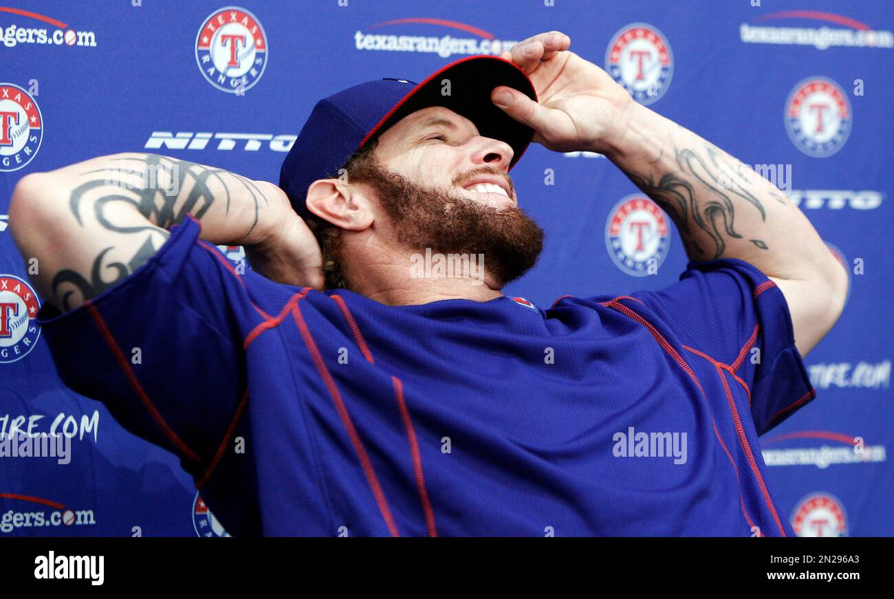 Texas Rangers outfielder Josh Hamilton answers questions during a press ...