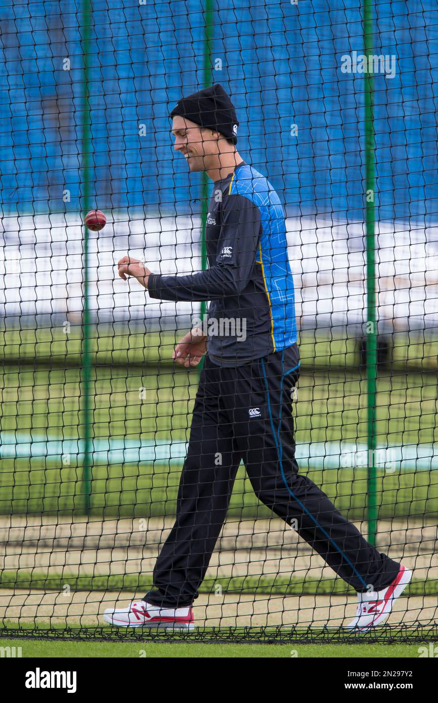New Zealand's Trent Boult smiles during nets the day before the second ...