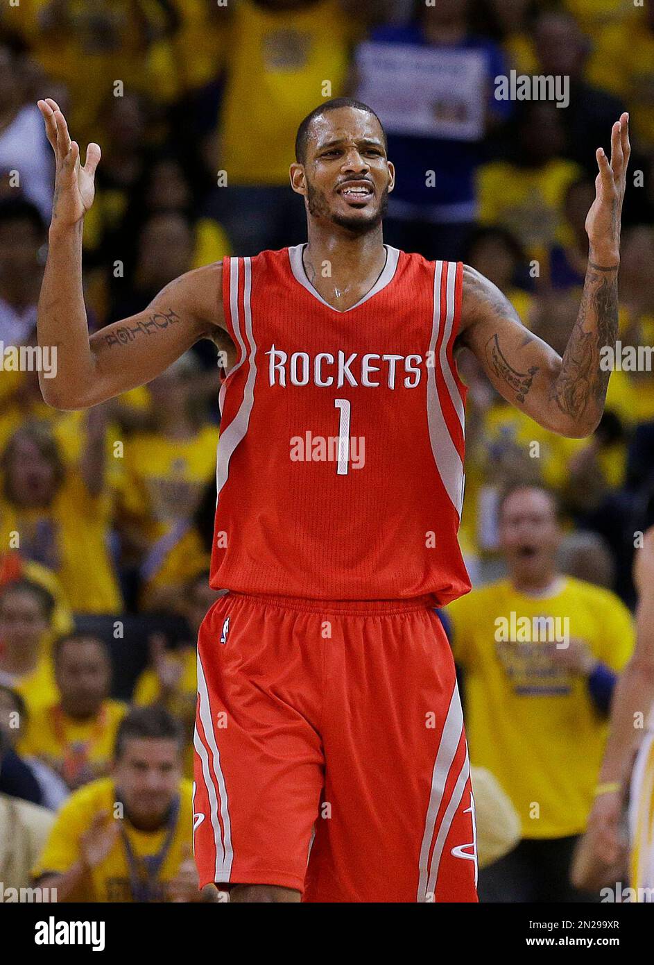 Houston Rockets forward Trevor Ariza reacts during the first half of ...