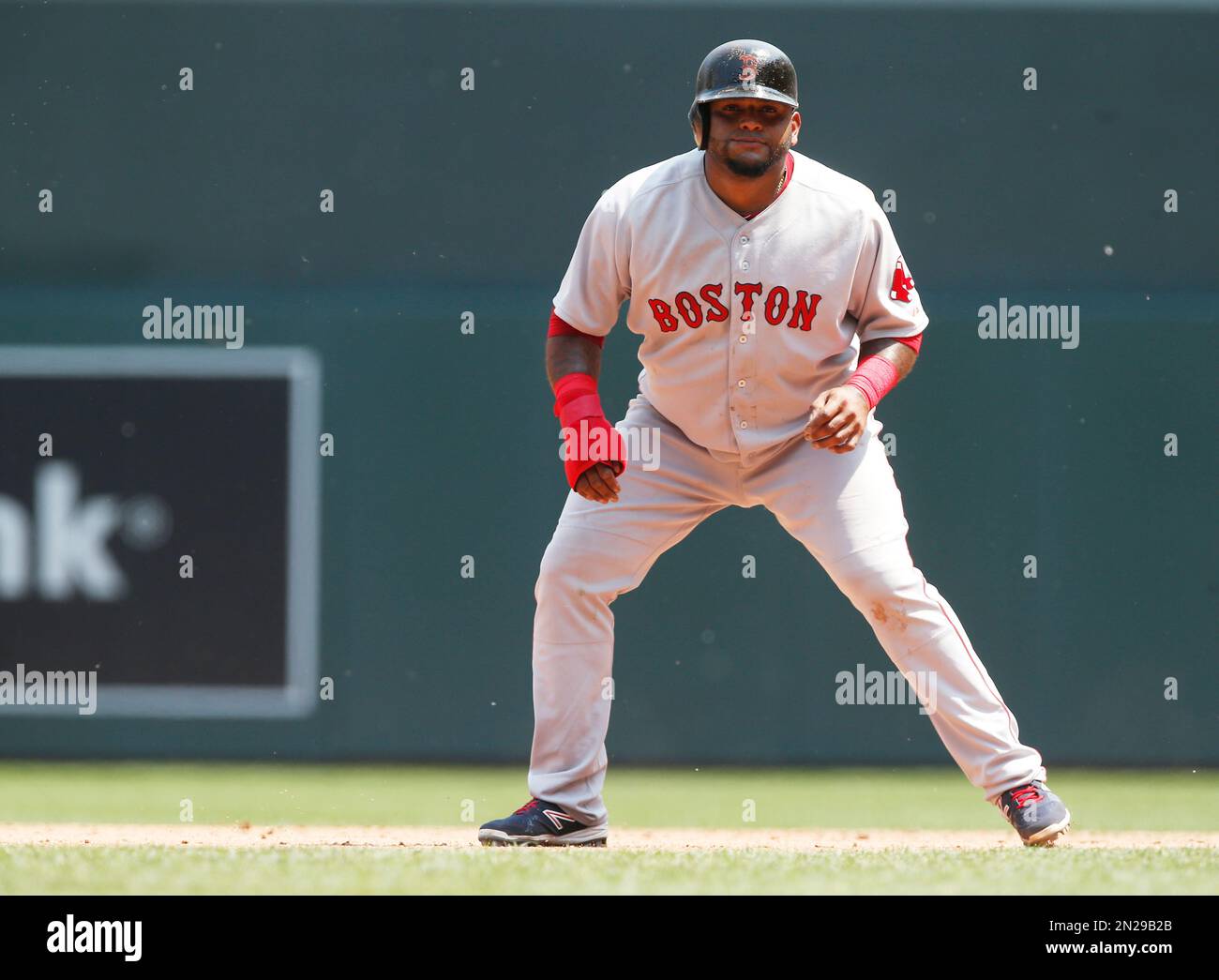 Boston Red Sox’ Pablo Sandoval takes a led off first base in a baseball ...