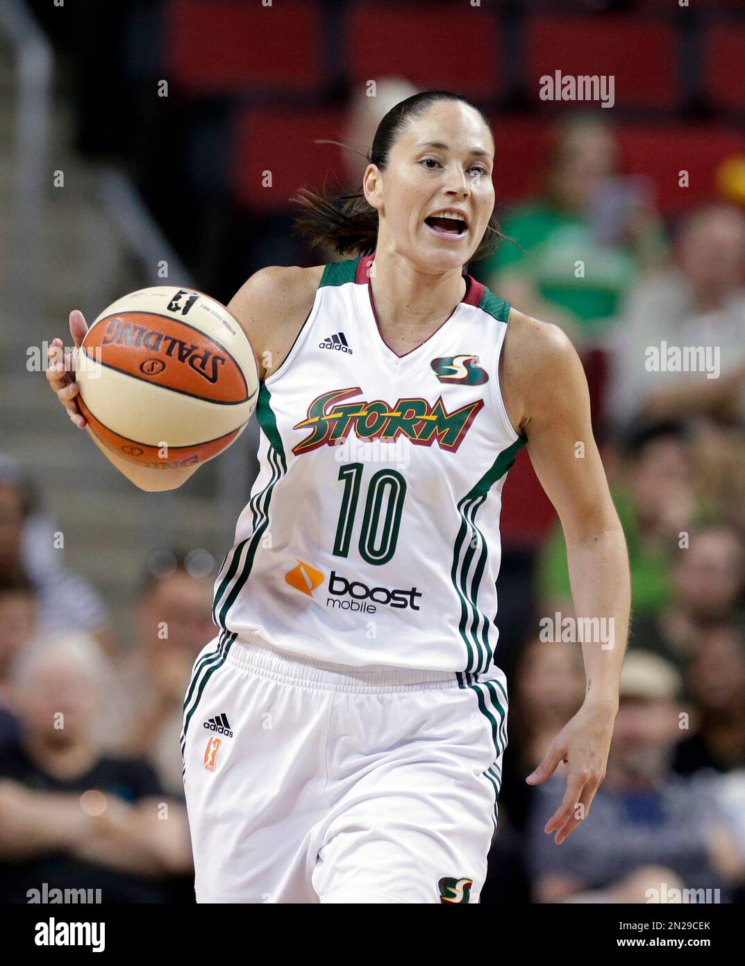 FILE - In this July 31, 2014 file photo, Seattle Storm's Sue Bird plays ...