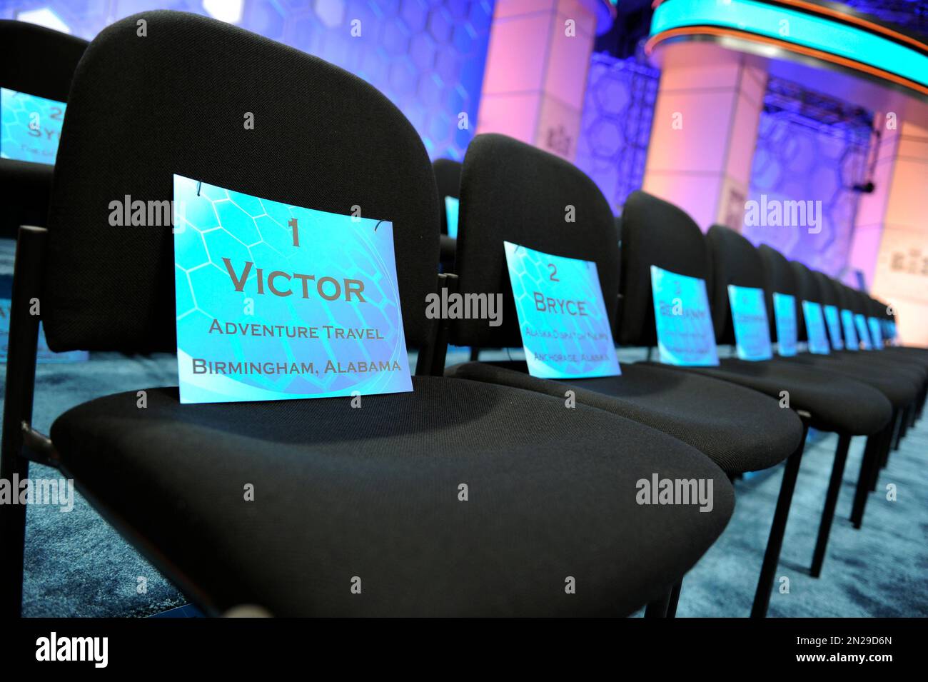 Placards with names of spellers sit on chairs at the as the 2015 the ...