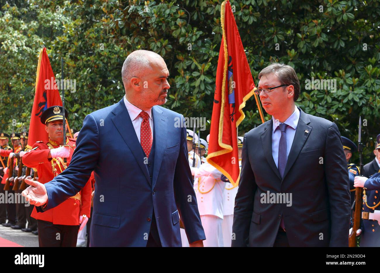 Albanian Prime Minister Edi Rama, left, welcomes Serbian Prime Minister ...