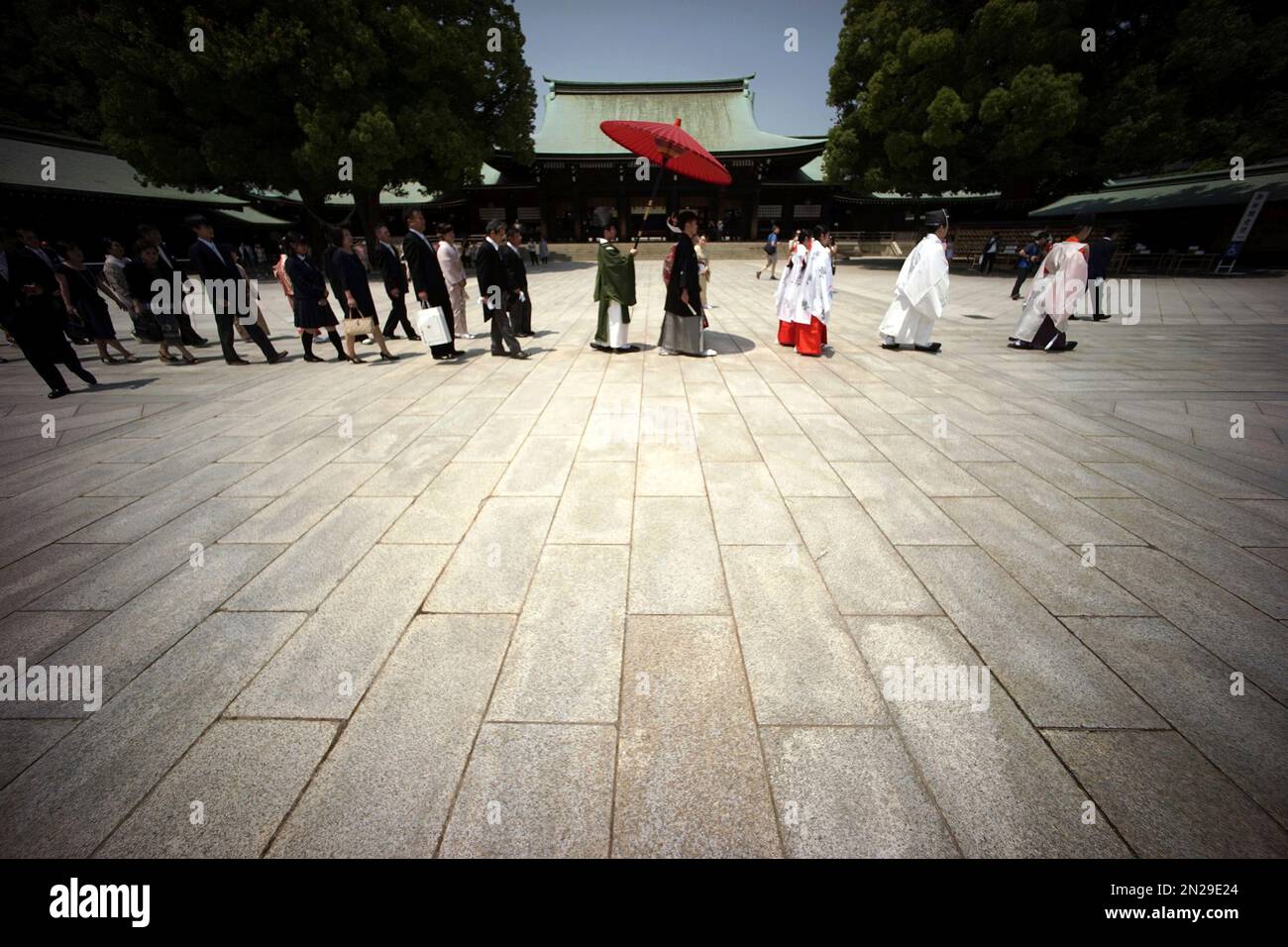 A newlywed couple under an umprella is escorted by a Shinto priest in ...