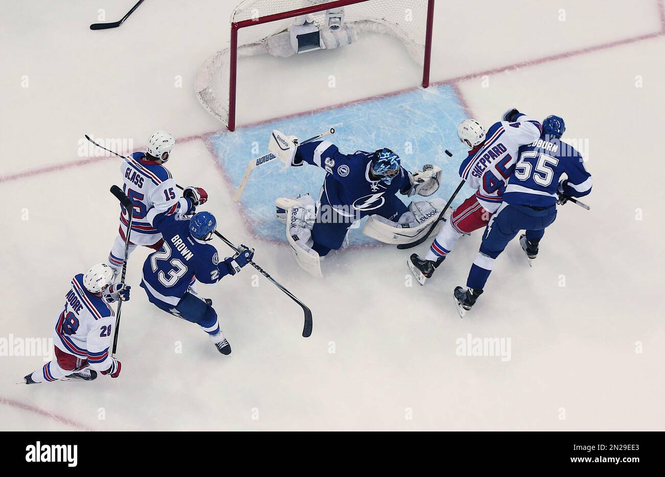 New York Rangers left wing James Sheppard (45) scores a goal as Tampa ...