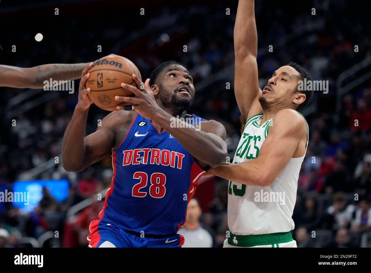 Detroit Pistons center Isaiah Stewart (28) is defended by Boston ...
