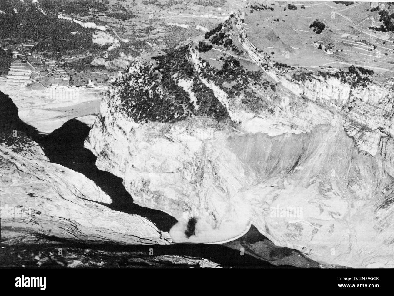 This is a general aerial view of the valley near Longarone, Italy, with ...