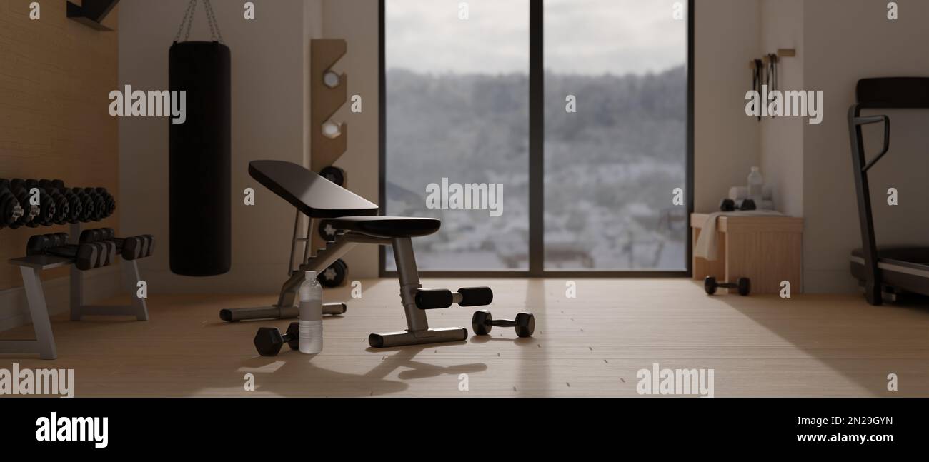 Cozy and minimalist gym or fitness center interior design with ...