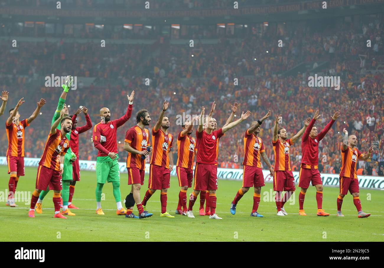 In this Sunday, May 24, 2015 photo, Galatasaray players celebrate their ...
