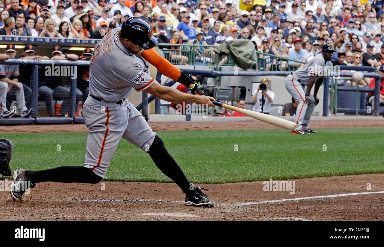 San Francisco Giants' Hunter Pence hits a two-run double during the ...