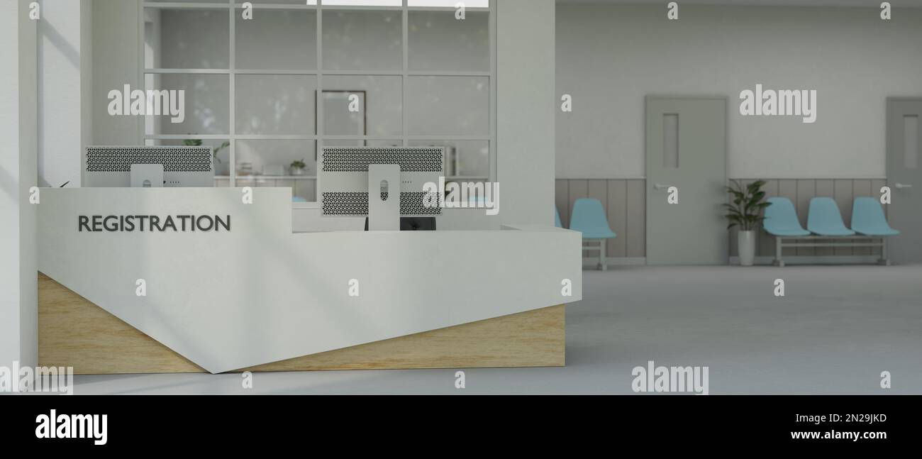 Modern hospital or health canter registration counter or lobby interior ...