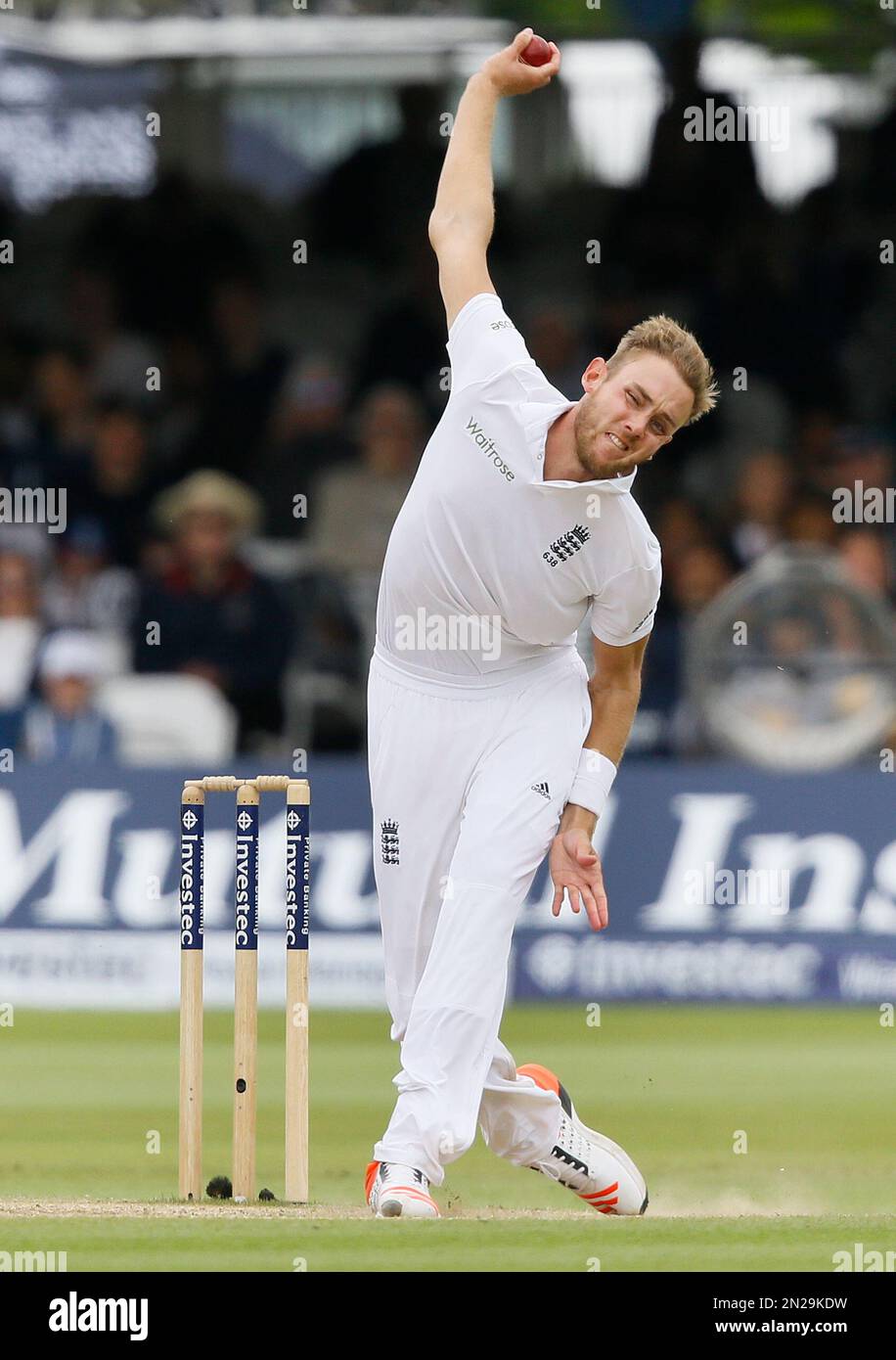 England's Stuart Broad bowls during the fifth day of the first Test ...