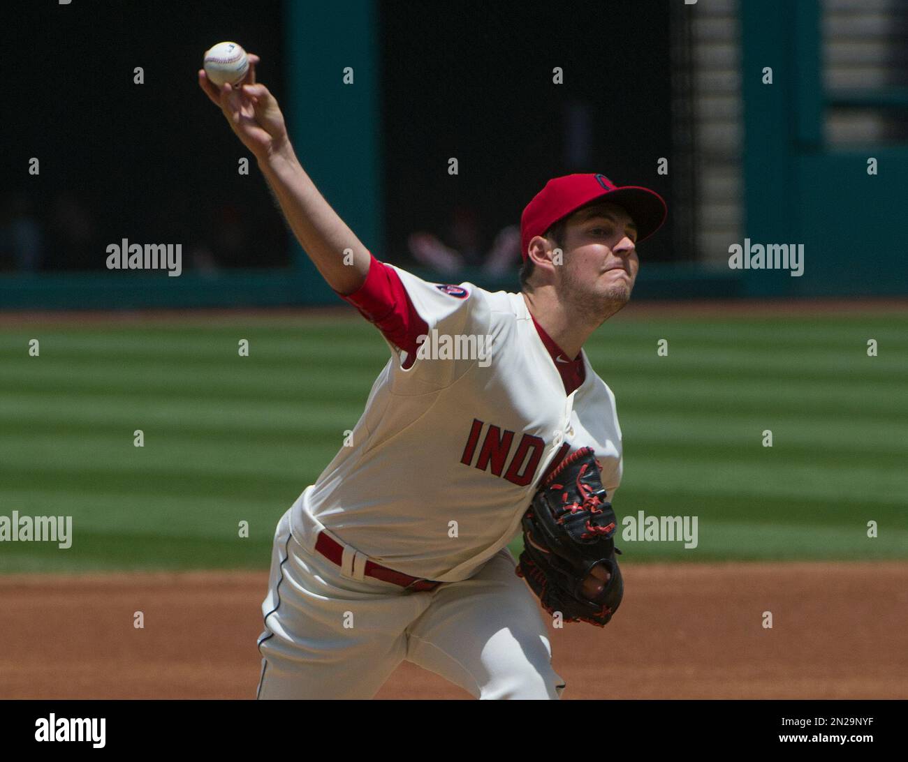 Cleveland indians' Trevor Bauer delivers to Cincinnati Reds' Brandon ...