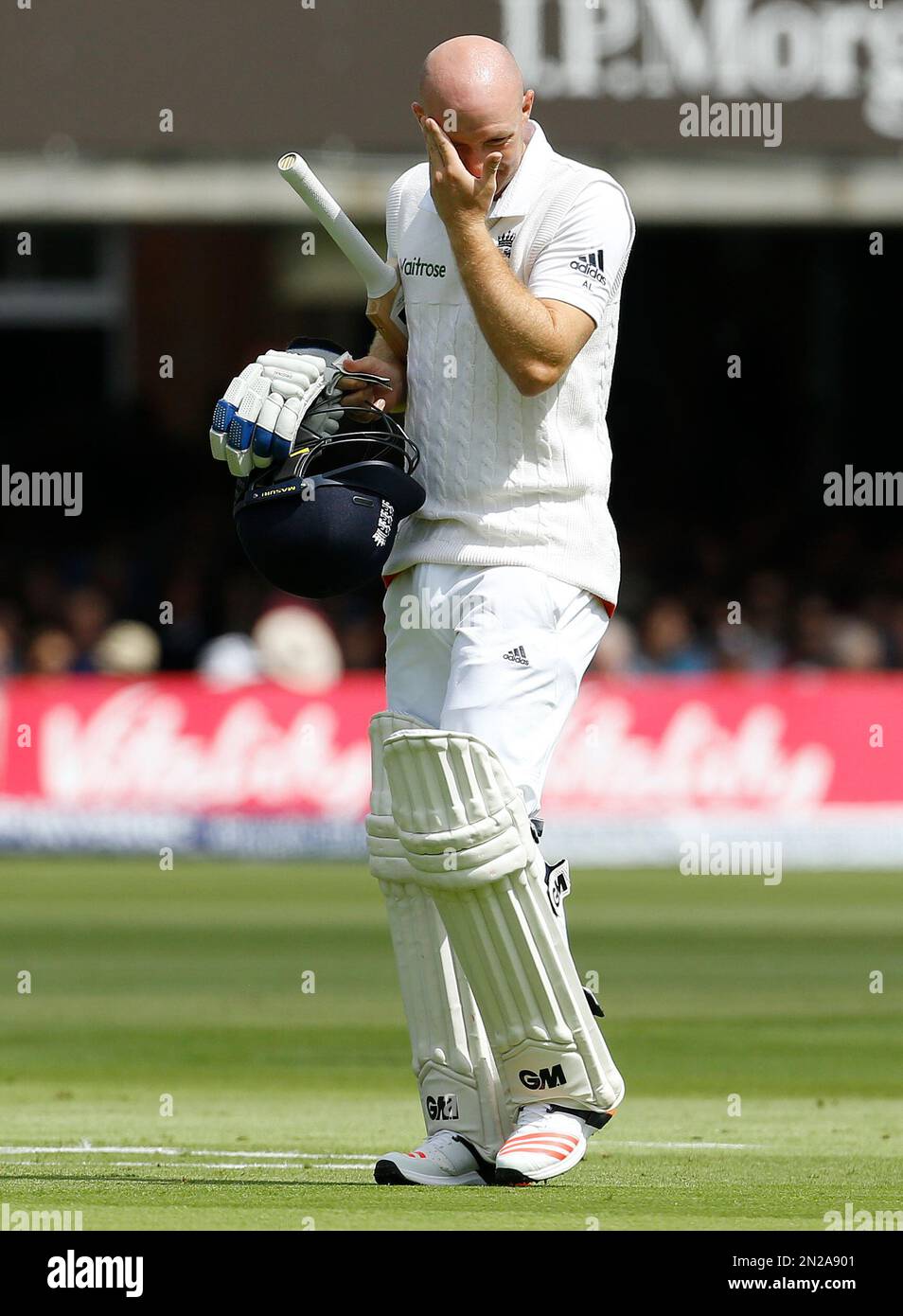 England's Adam Lyth leaves the pitch after being caught by New Zealand ...