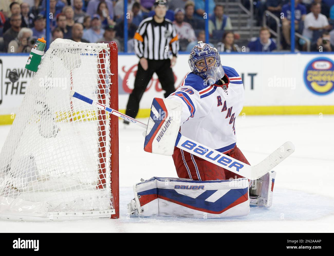 New York Rangers goalie Henrik Lundqvist (30), of Sweden, defends the ...