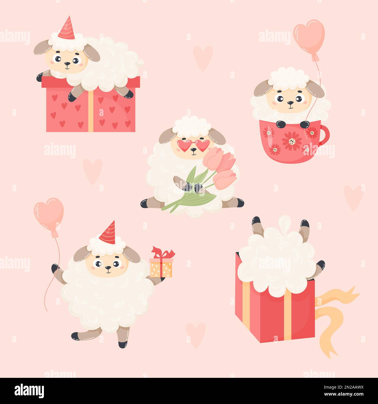 Collection cute festive sheep with gifts, balloons and bouquet of ...