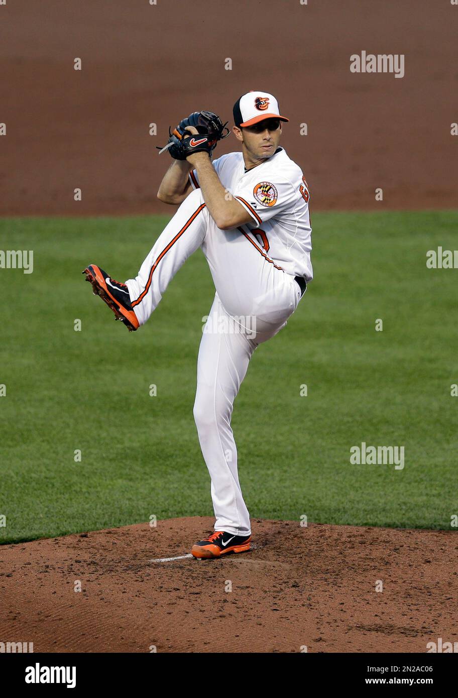 Baltimore Orioles starting pitcher Miguel Gonzalez throws to the ...