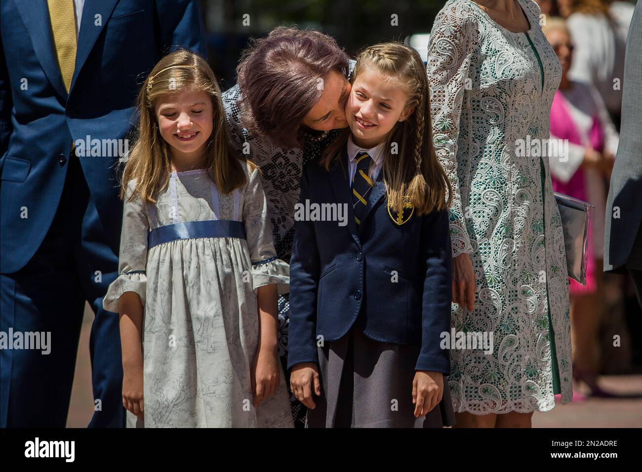 Spain's King Felipe VI's mother Sofia, center, kisses Crown Princess ...