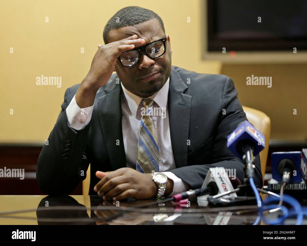Darryus Griffith becomes emotional during a news conference about his ...