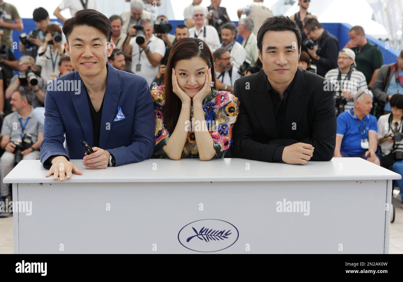 From left, director Hong Won-chan, actors Ko Ah-sung, and Bae Sung-woo ...
