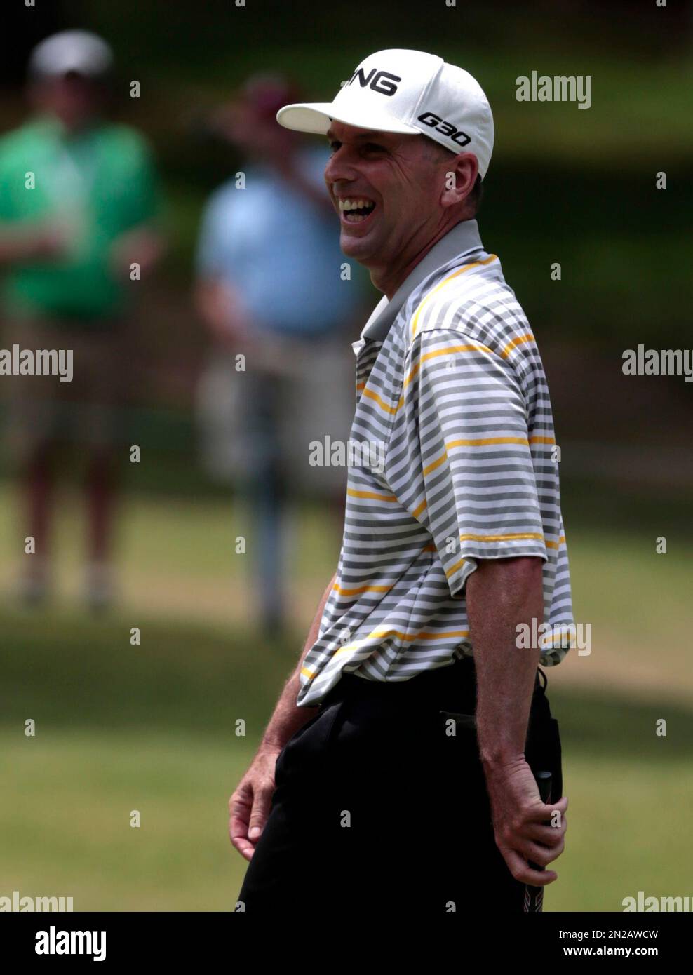 Kevin Sutherland reacts to missing a putt on the seventh hole during ...