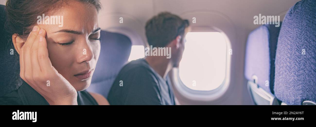 Sick fear of flying inside plane cabin woman in airplane with headache ...