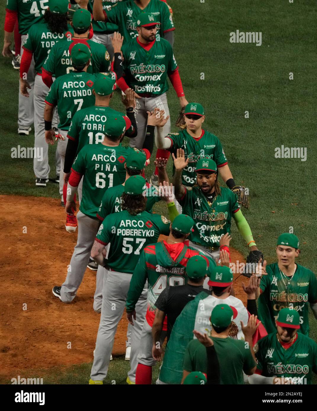 Mexico's players celebrate after defeating Venezuela 7-0 during a ...