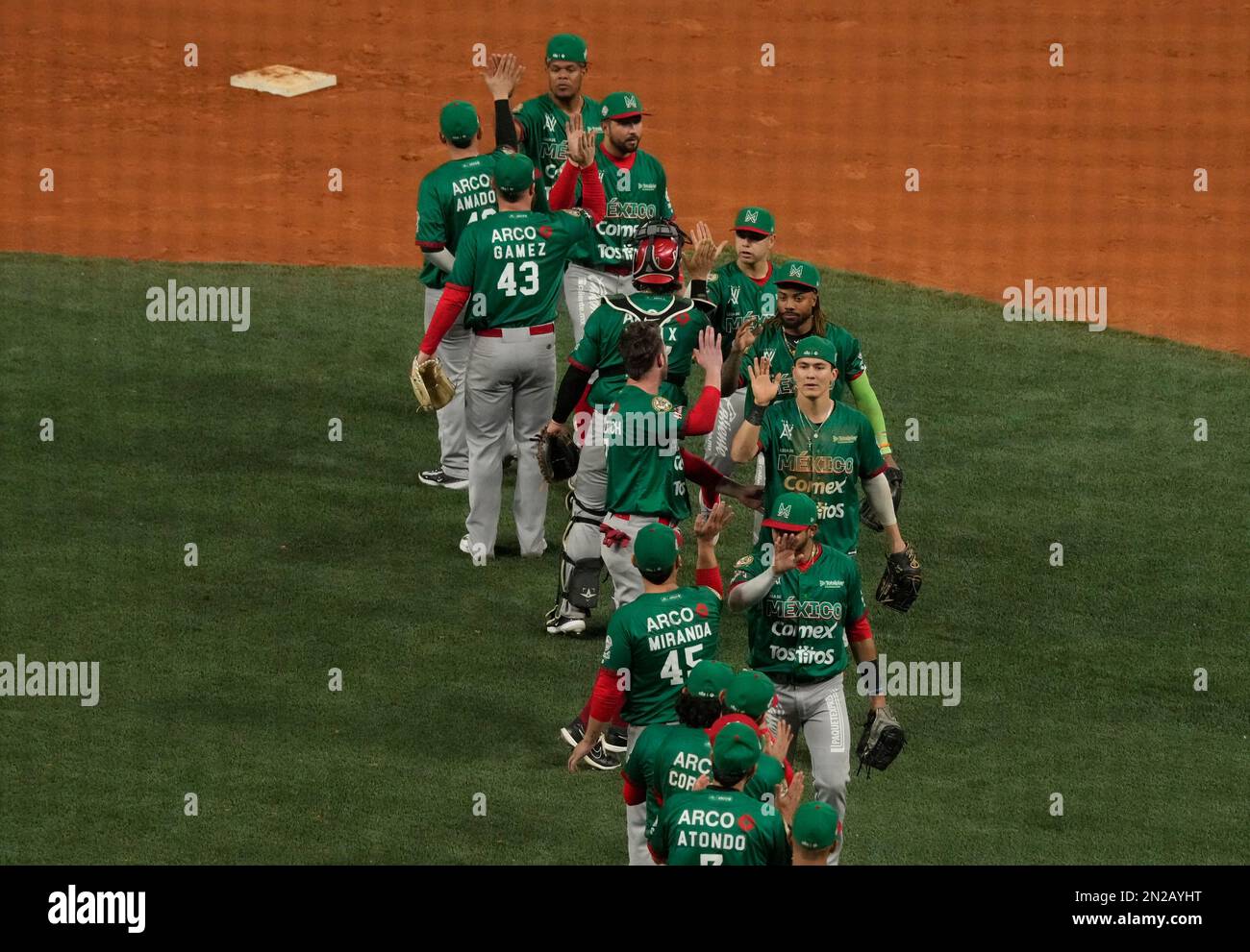 Mexico's players celebrate after defeating Venezuela 7-0 during a ...