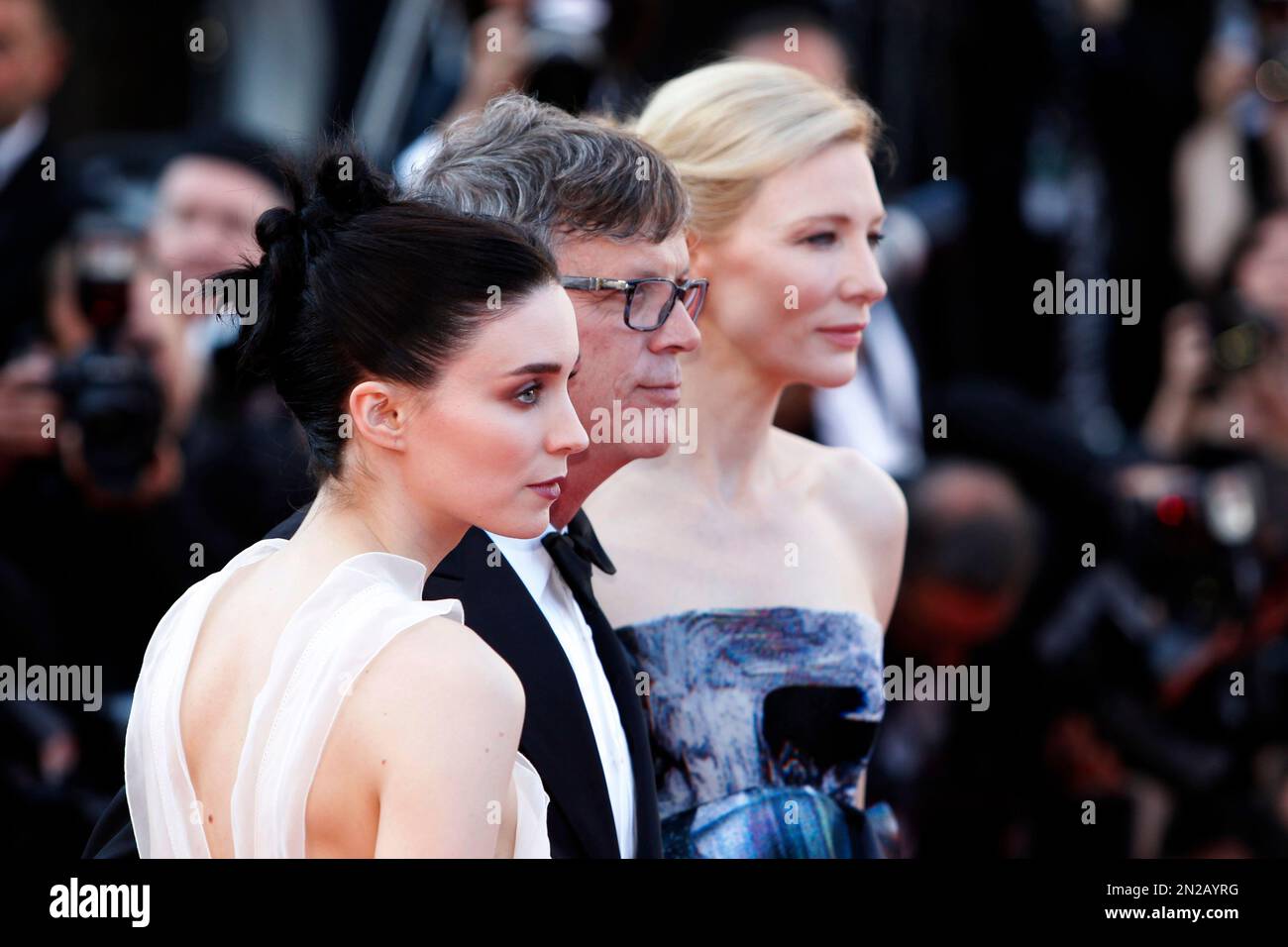 From left, actress Rooney Mara, director Todd Haynes, and actress Cate Blanchett pose for ...