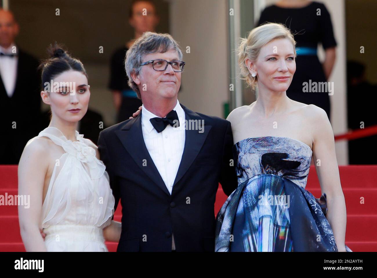 From left, actress Rooney Mara, director Todd Haynes, and actress Cate Blanchett pose for ...