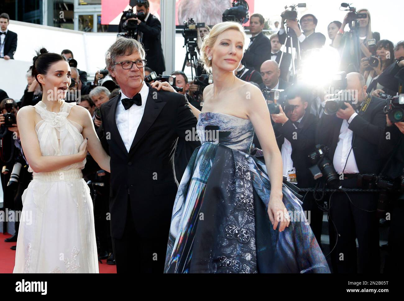 From left, actress Rooney Mara, director Todd Haynes and actress Cate Blanchett pose for ...