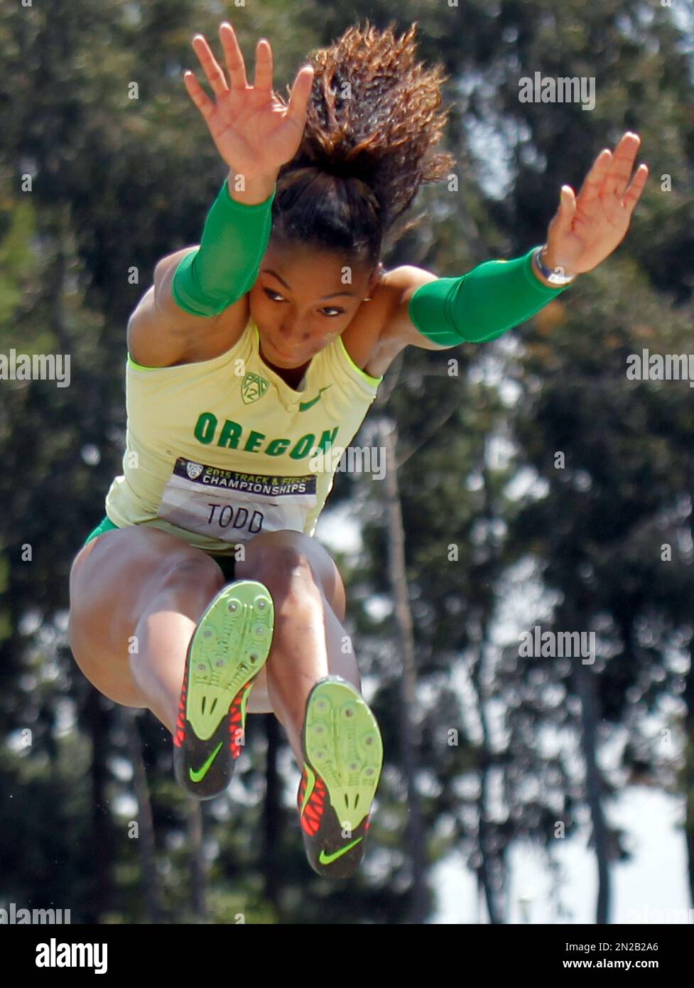 Oregon's Jasmine Todd leaps to a second place finish in the long jump ...