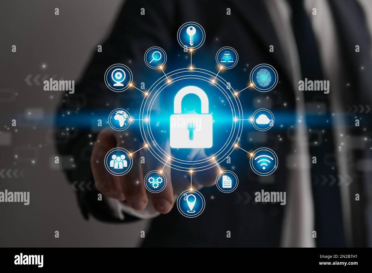 Businessman Hand and Finger Touching Screen and Blue Lock Security Sign ...