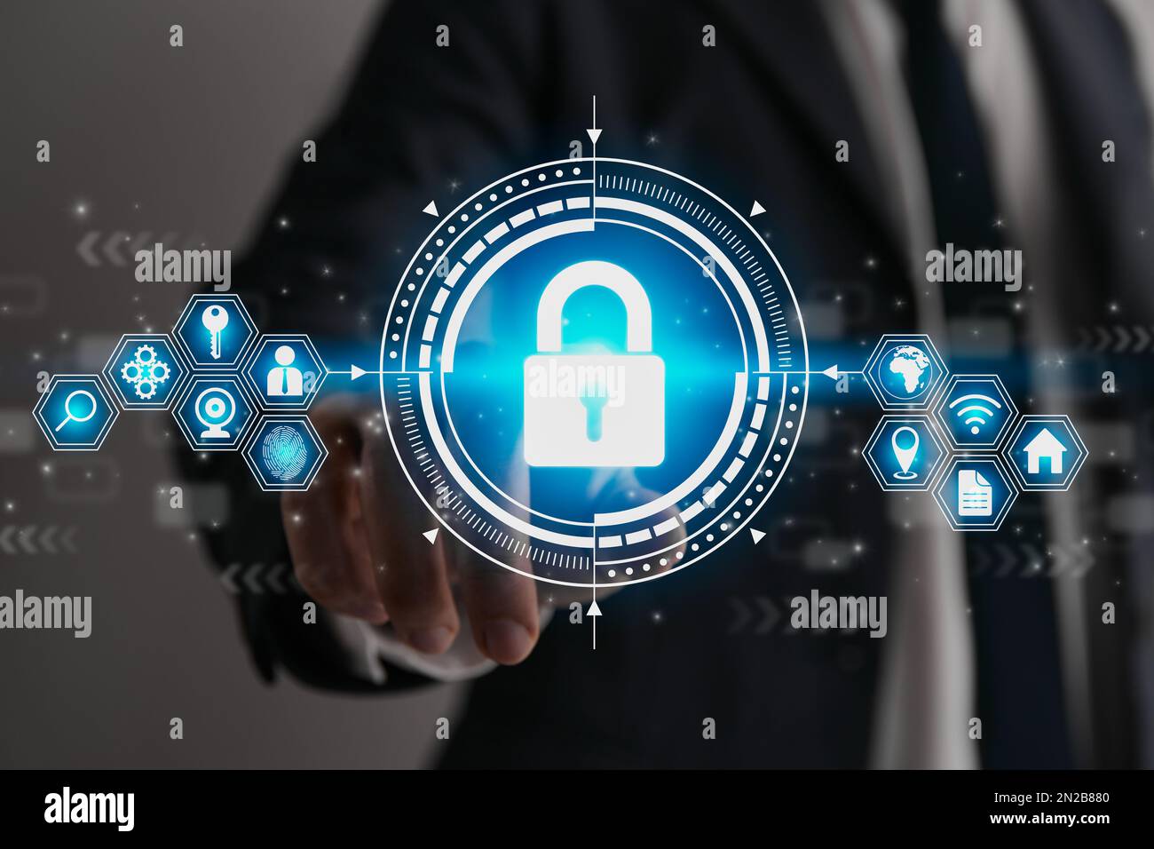 Businessman Hand and Finger Touching Screen and HUD Blue Lock Security ...