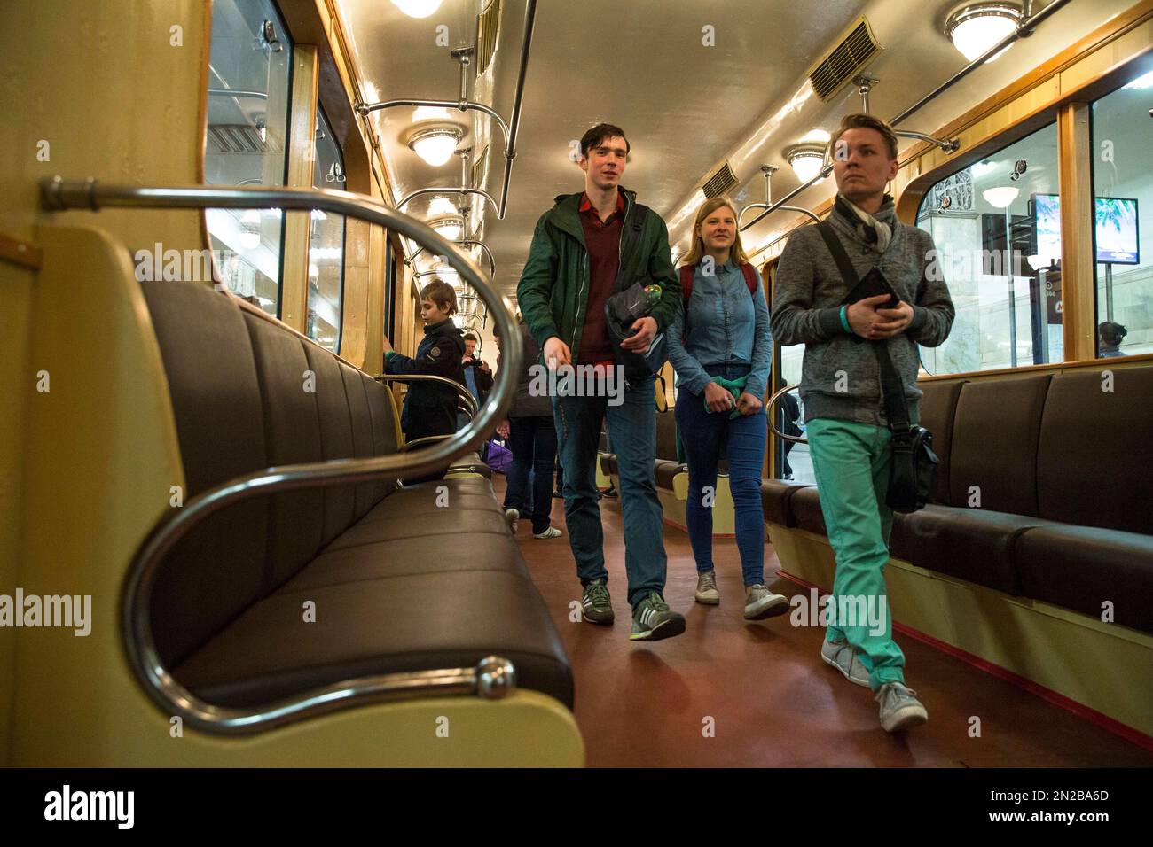 People walk in a Soviet-era vintage subway car, parked in the ...