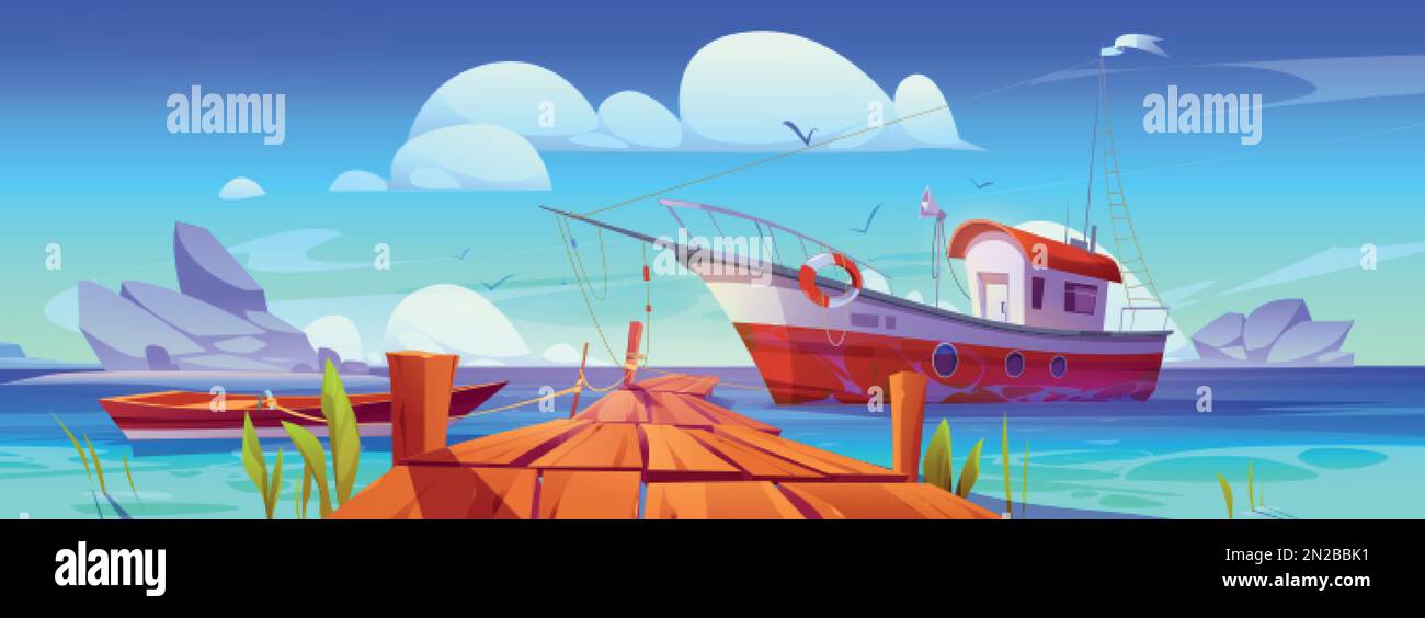 Fishing boats at pier in lake, river or sea harbor. Summer landscape ...