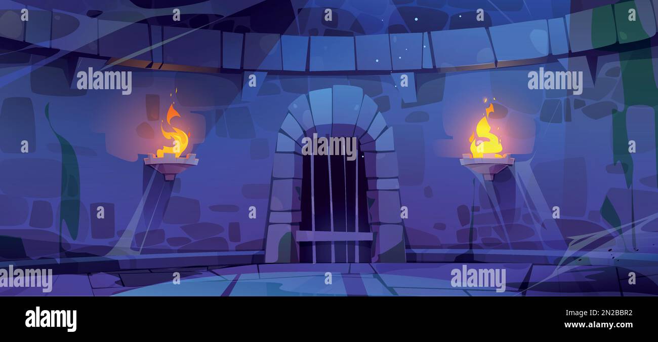 Old dungeon, castle prison interior with door, stone walls and torches ...