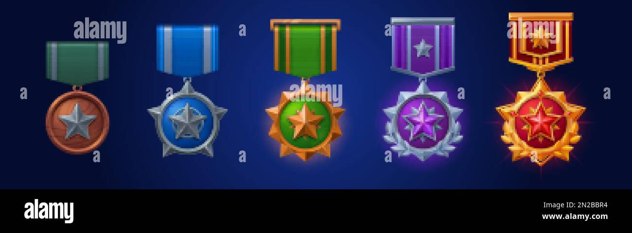 Military medals, army badges with star and ribbon. Ranking game reward ...