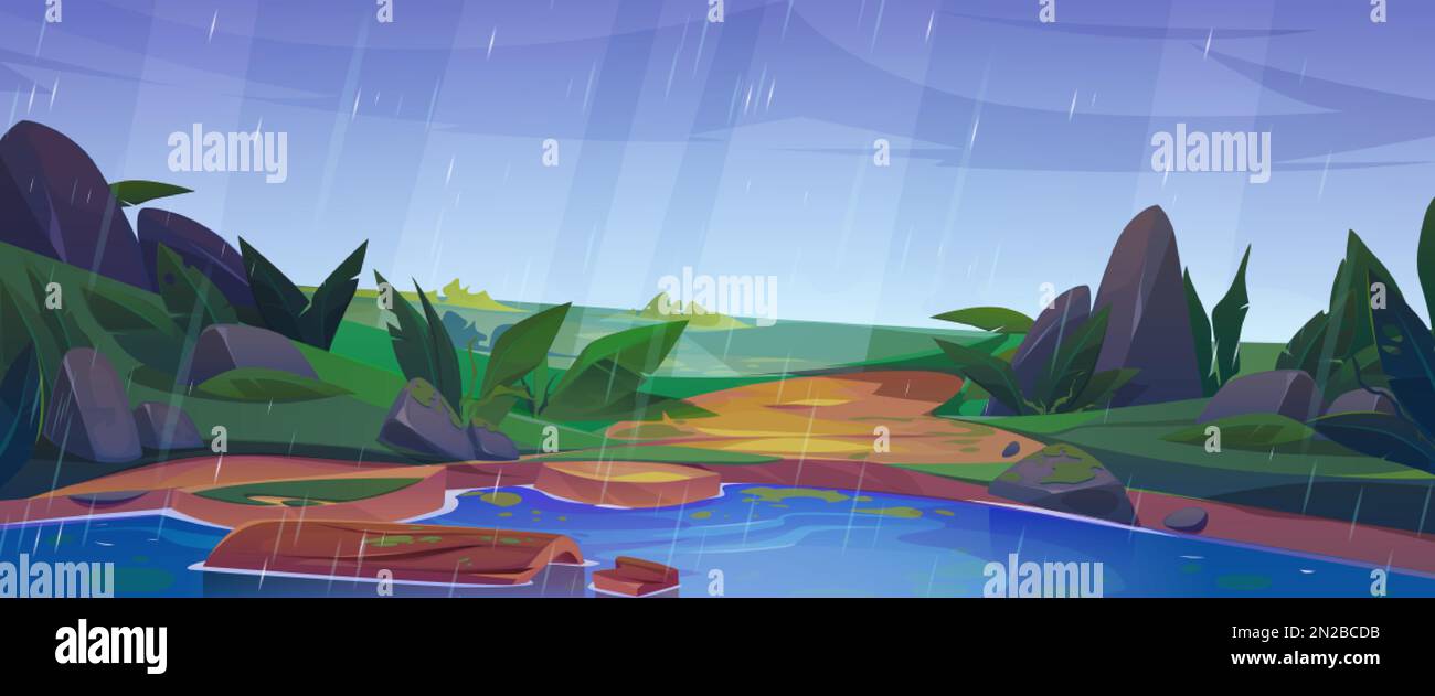 Rainy day landscape with lake water with floating log. Nature scene ...